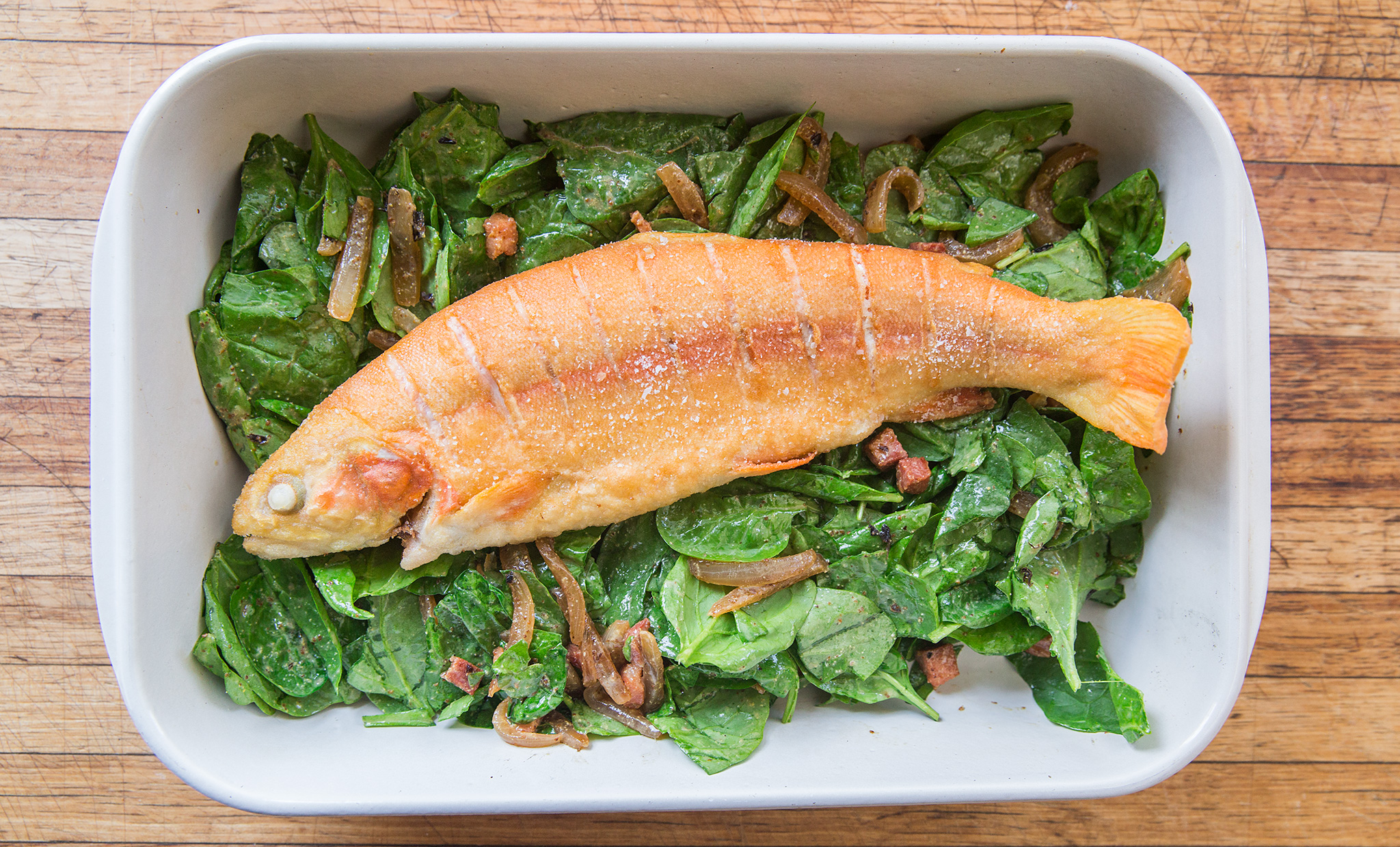 Crispy Whole Trout With Greens and Bacon | ChefSteps