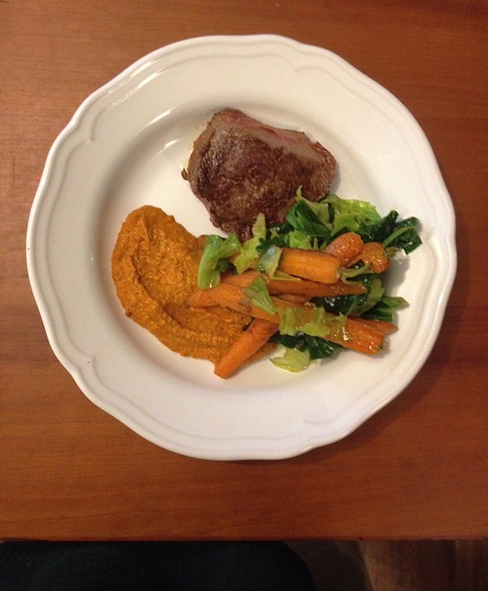 Steak with Caramelised Carrots, Spring Greens and Modified Hazelnut ...